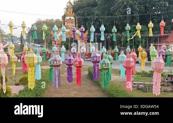 Traditional Lanna lanterns in vibrant colors displayed at a temple in ...