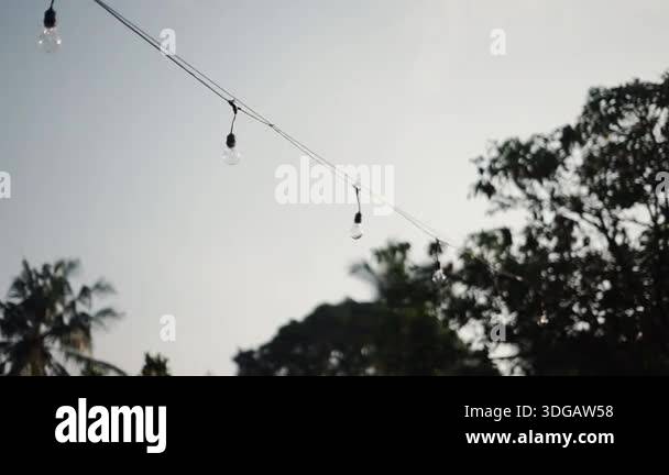 Outdoor String Lights Hanging Against Soft Evening Sky Stock Video ...