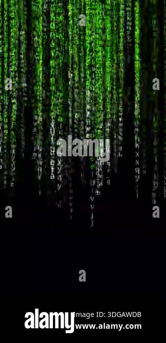 A dark background filled with cascading green letters and symbols ...