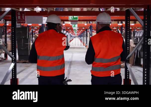 Logistics workers wearing safety vests and helmets are walking through ...