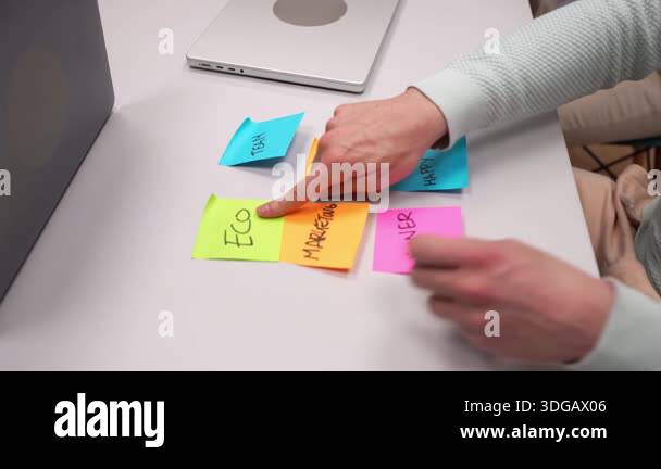Marketing manager pointing at colorful sticky notes with marketing ...