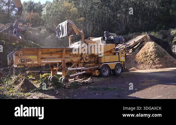Industrial wood shredder converting tree branches and leaves into ...