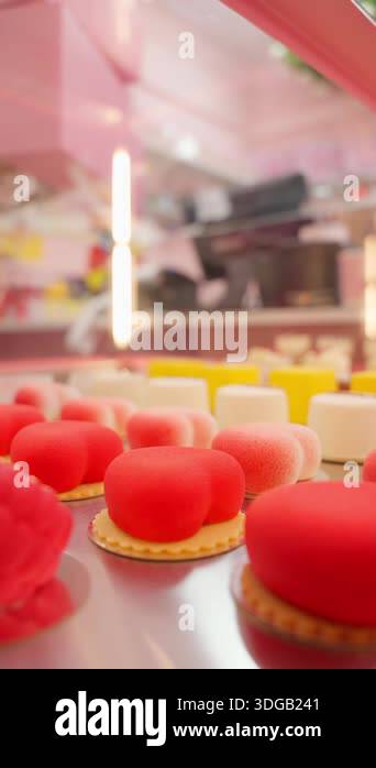 Colorful mousse cakes displayed in a modern pastry shop, showcase of ...