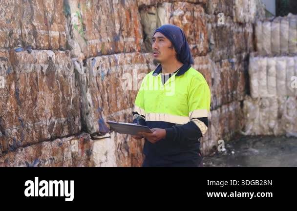 Waste management worker in safety vest inspecting plastic bales at ...