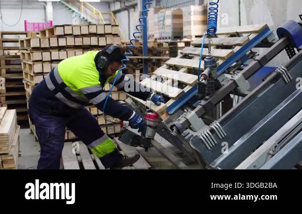 Carpenter uses pneumatic nail gun to assemble wooden pallets in a ...