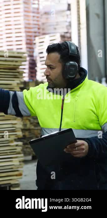Warehouse worker wearing ear protection and high visibility jacket ...