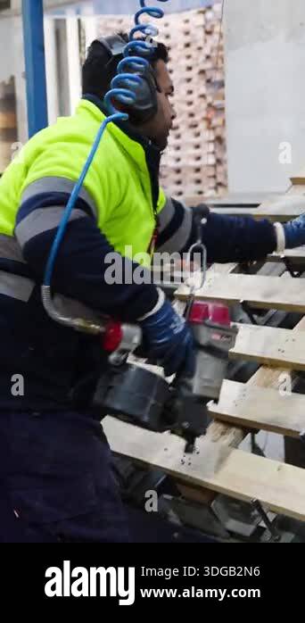 Carpenter uses pneumatic nail gun to assemble wooden pallets in a ...