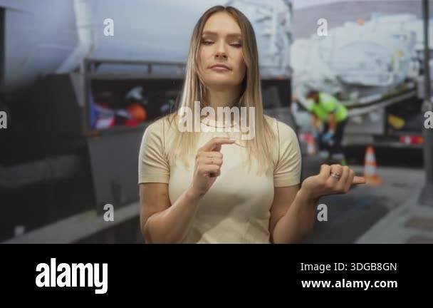 Woman calculating with fingers on city street next to construction ...