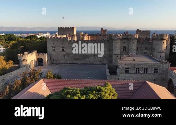 An aerial shot shows the Palace of the Grand Master in Rhodes Greece ...