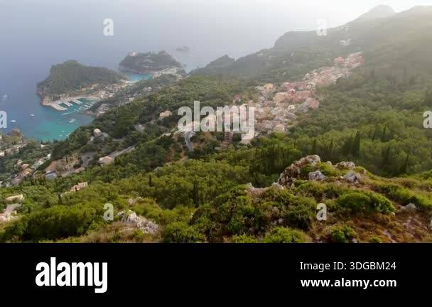 Panoramic Aerial Drone View of Traditional Hilltop Village Lakones and ...