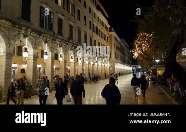 Night View of Liston Promenade in Corfu Town with Illuminated Arches ...