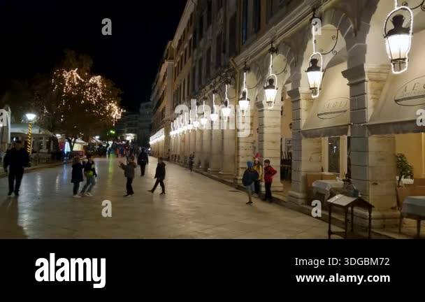 Night Walk on Famous Liston Promenade in Corfu Old Town Greece with ...