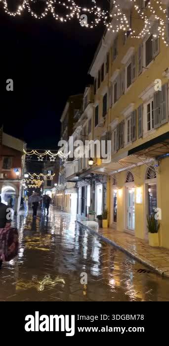 Rainy Night in Corfu Old Town with Christmas Lights, Wet Pavement ...
