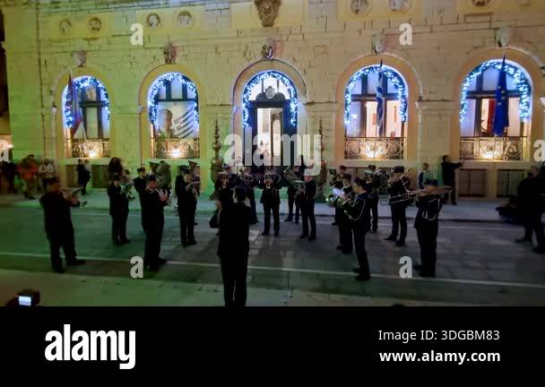 Traditional Greek Brass Band Performing Christmas Carols at Night ...