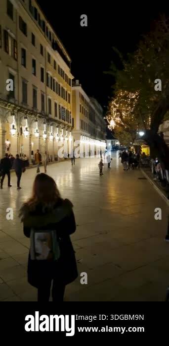 Walking Along the Liston Promenade at Night in Corfu Town with Historic ...