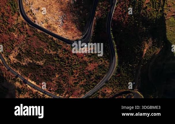 Aerial View Winding Mountain Switchback Road Framed By Golden Autumn ...
