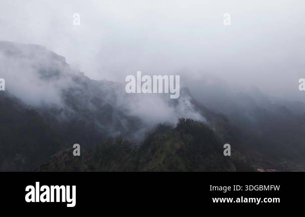 fog rolling over mountain ridge and forest canopy, low clouds engulfing ...