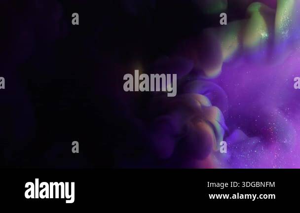 Paint blend. Glitter wave. Purple violet green color fume spread on ...