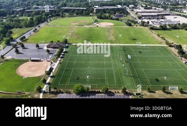 Aerial view of a sports field with soccer fields, baseball and softball ...