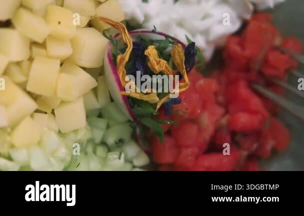 Vertical video. Balanced diet. Nutrition mix. Bowl raw cooked chopped ...