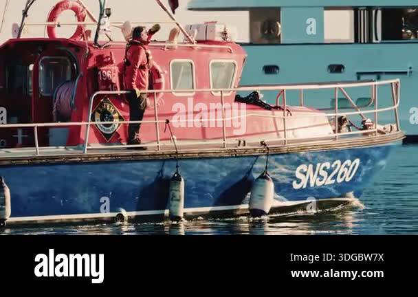 Antibes, France - December 22, 2025: Red French sea rescue boat docked ...