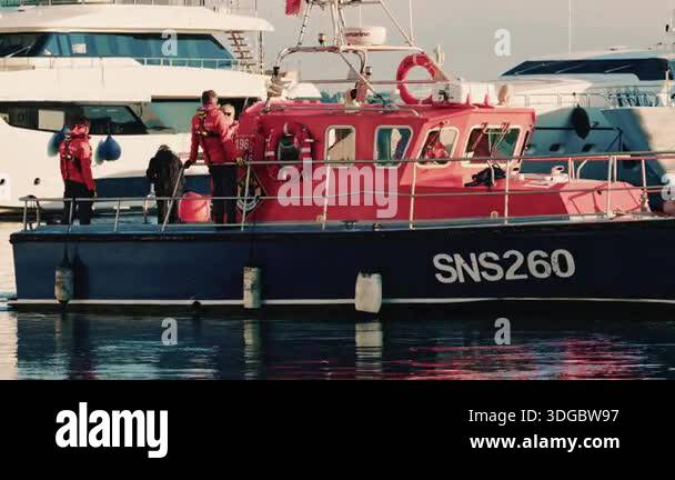 Antibes, France - December 22, 2025: Red French sea rescue boat docked ...