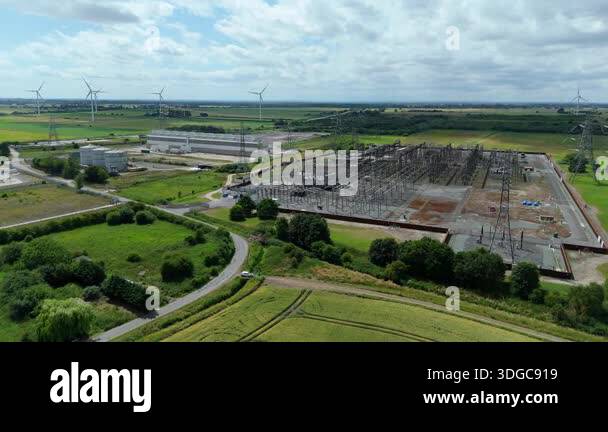 Aerial drone view of Keadby power plant, electrical sub station with ...