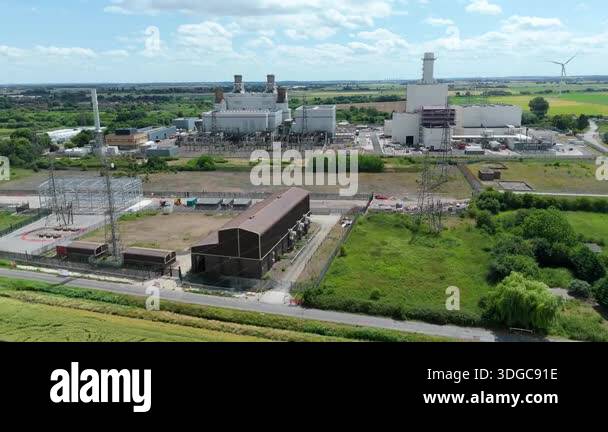 Aerial drone view of Keadby power plant, electrical sub station with ...