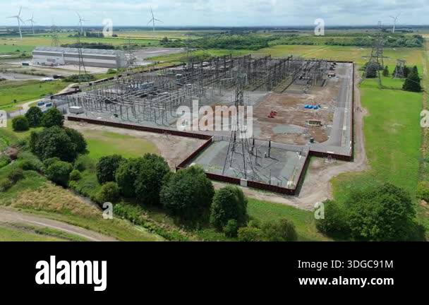 Aerial drone view of Keadby power plant, electrical sub station with ...