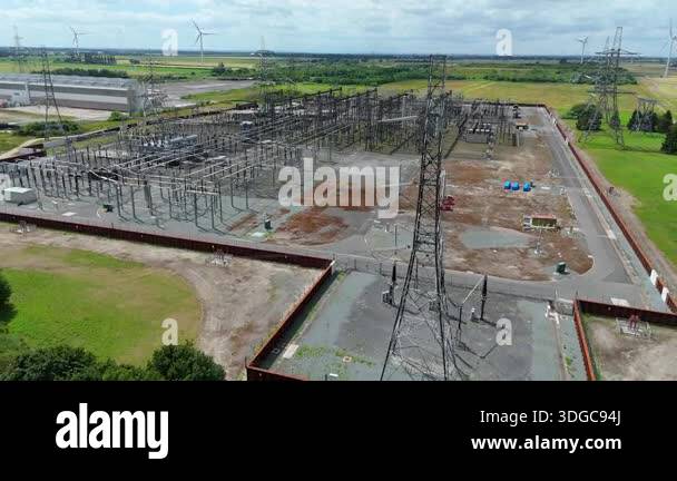 Aerial drone view of Keadby power plant, electrical sub station with ...