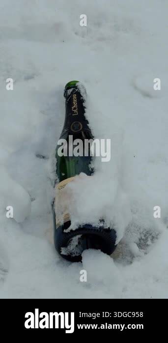 Vertical Close up of Empty champagne bottle covered in snow. New Year ...