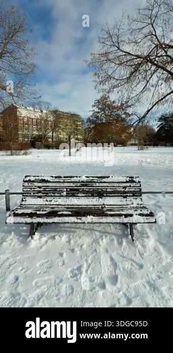 Wide shot of Orange Garbage Bin and Bench on a winter Day in Gorlitzer ...