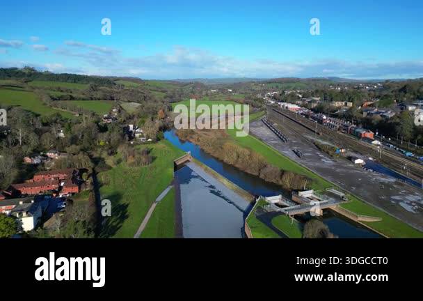 Exeter, South Devon, England: DRONE VIEWS: The Exeter Ship Canal frozen by cold weather; a lock ...
