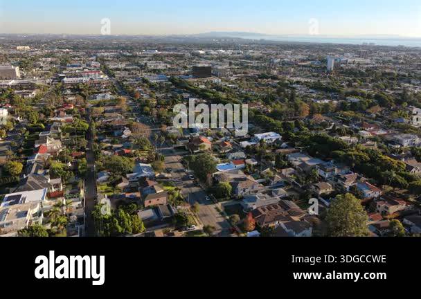 Wide cinematic aerial of Los Angeles California revealing cityscape ...