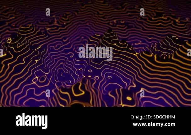 Abstract glowing topographic terrain with purple and gold contour lines ...