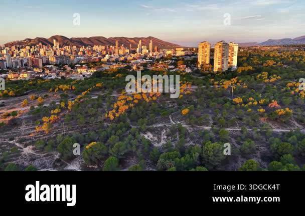 aerial view suburb ridge bathed in golden sunset light with twin towers ...