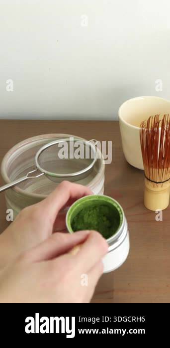 Sifting matcha powder. Step of preparation ceremonial matcha tea ...