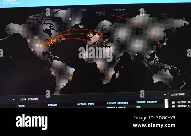 Overlook of live digital cyber attack map and live data with time ...
