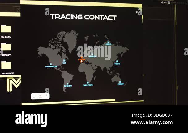 Futuristic interface, TRACING CONTACT title, world map with marked ...