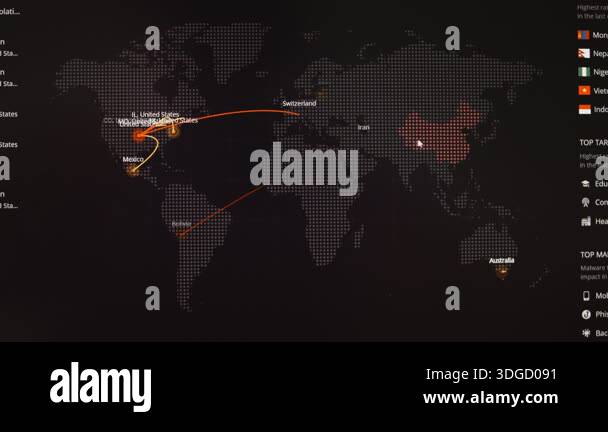China highlighted on the real time cyber attack map, types of malware ...