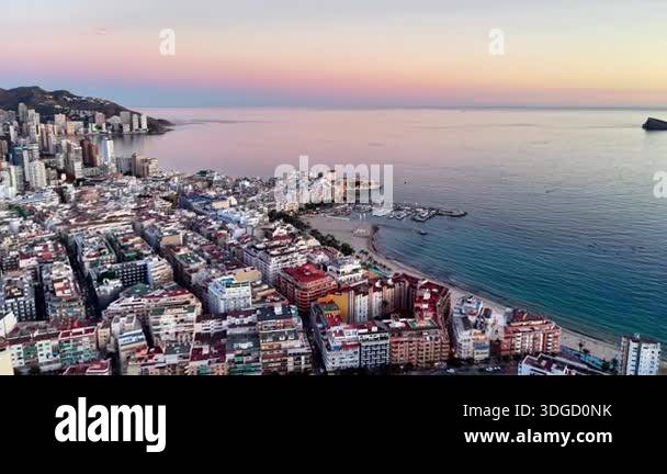 Marina Dawn Over Coastal Town Showing Colorful Blocks And Boats At Pier ...