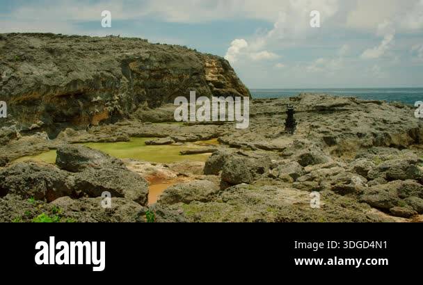 Rocky coastal pools with green algae formations near ocean cliff ...
