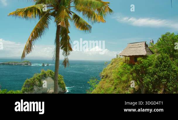 Tropical cliff hut with palm trees overlooking deep blue ocean ...