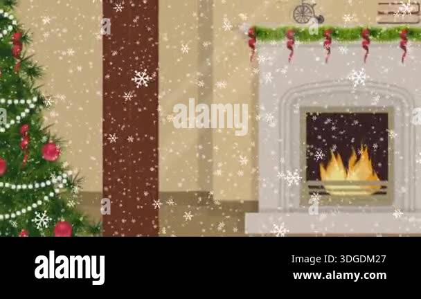 Christmas Animation. View of the Living Room from the Street Side. Fire ...