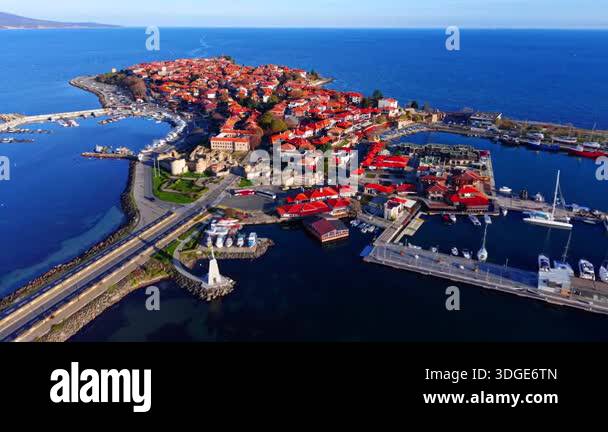 Arial view of panorama the entire Nessebar peninsula, the connecting ...