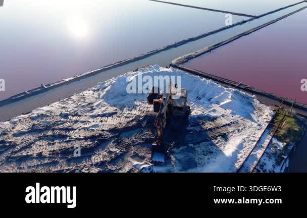 Drone shot of colorful salt evaporation ponds separated by narrow dikes ...