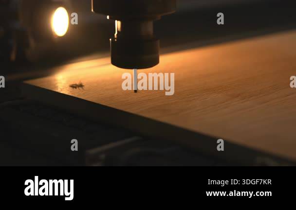 CloseUp Router Bit Carving Panel Surface Under Golden Studio Light ...