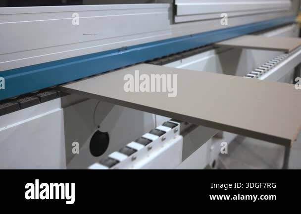 Panel Board Sliding Into Processing Machine White Roller Conveyor ...