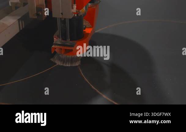 Rotary Brush Router Carving Circular Lines On Dark Panel Surface, Close ...