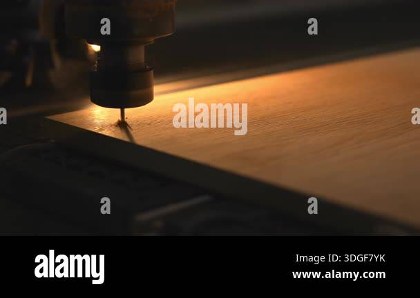 CloseUp Cnc Router Carving Wood Under Warm Directional Light Slow ...